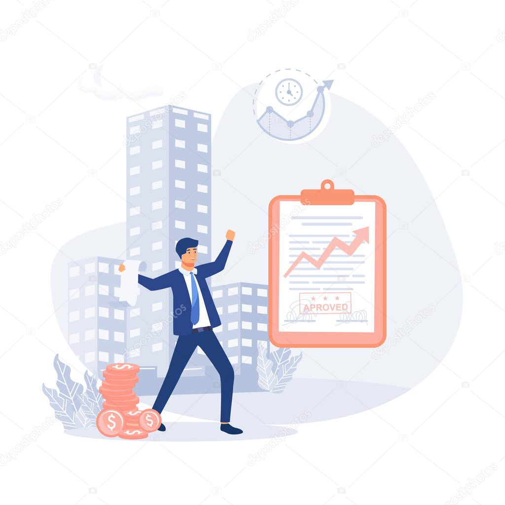 El hombre de negocios satisfecho tiene un buen aviso financiero. Hombre ...