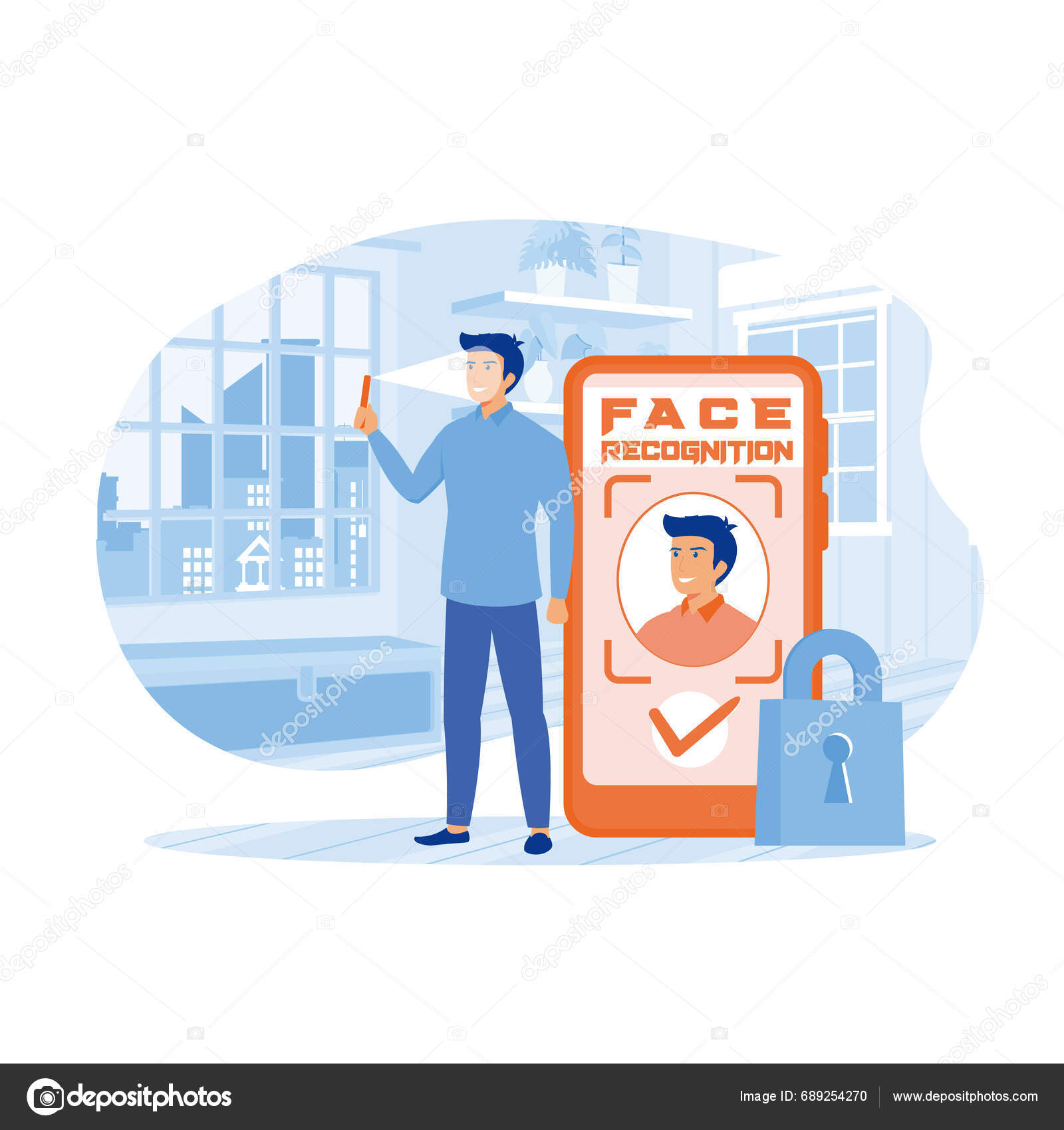 Man Standing Phone Identifies Face Concept Facial Recognition Face ...