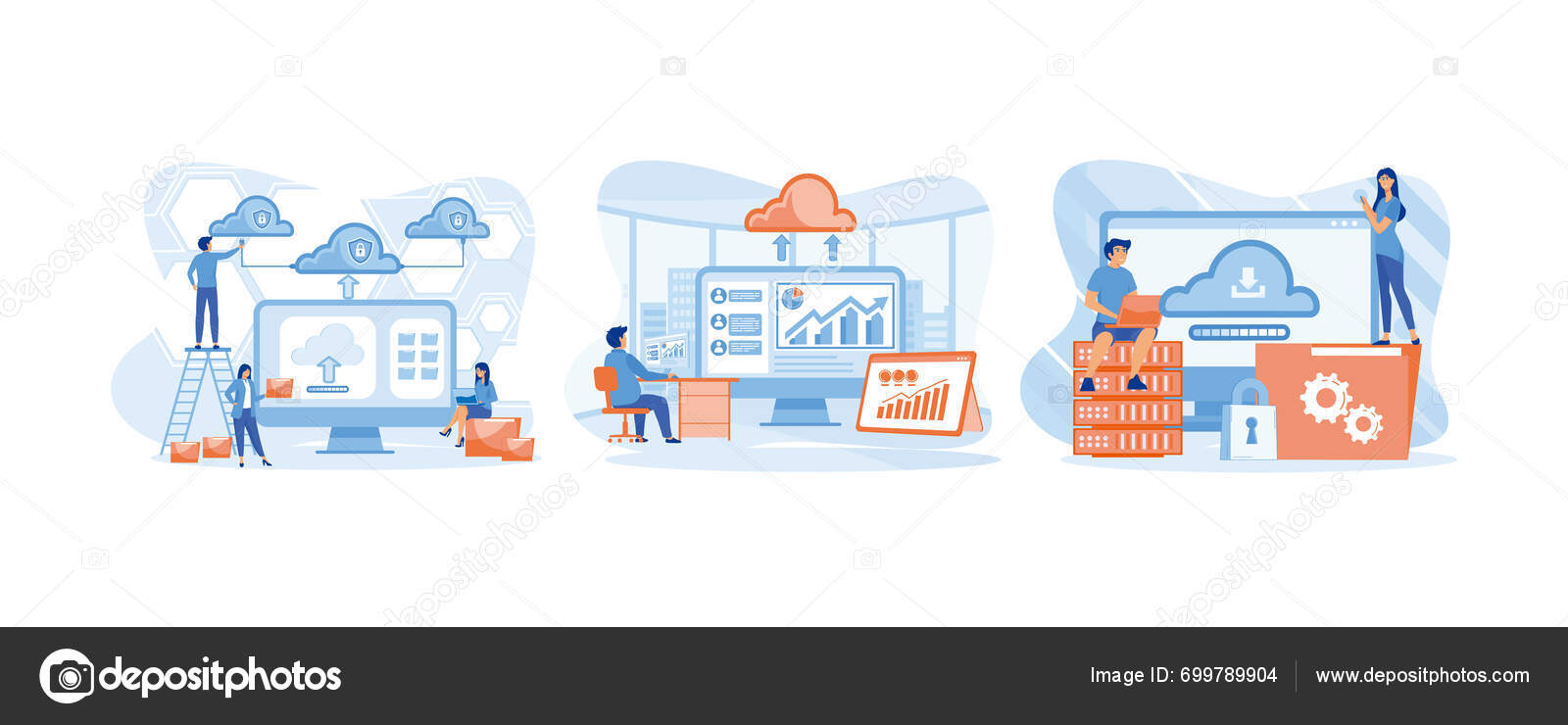 Cloud Computing Developer Team Working Dashboard Monitor Cloud Technology Set Stock Vector by ...