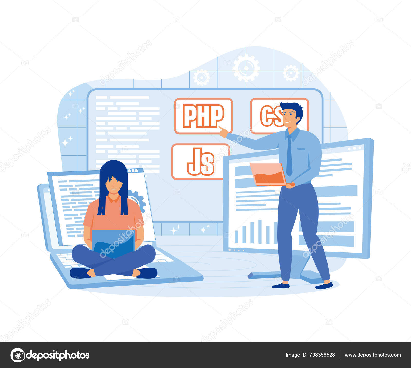 Programming Courses Students Studying Computers Scene Flat Vector ...