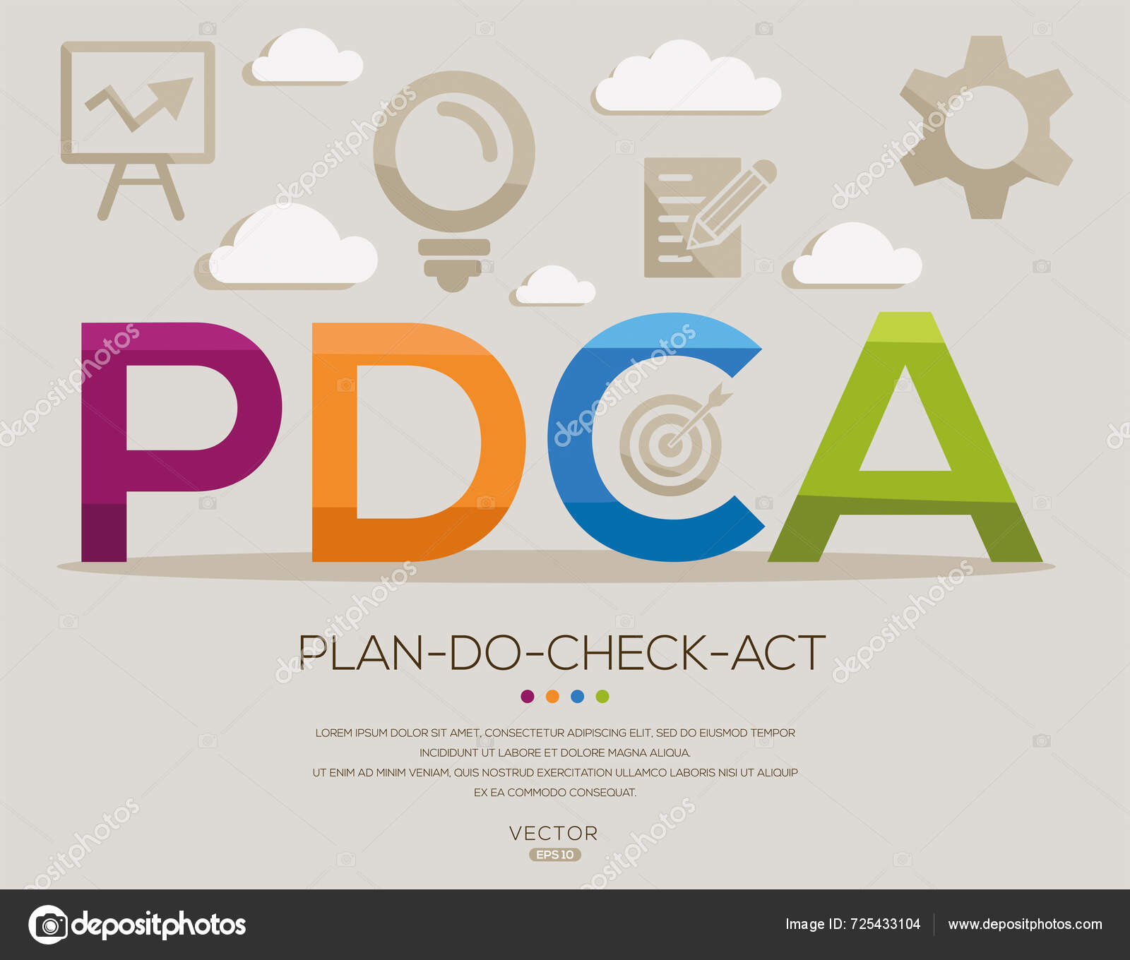 Pdca Plan Check Act Letras Iconos Ilustración Vectorial Vector de stock ...