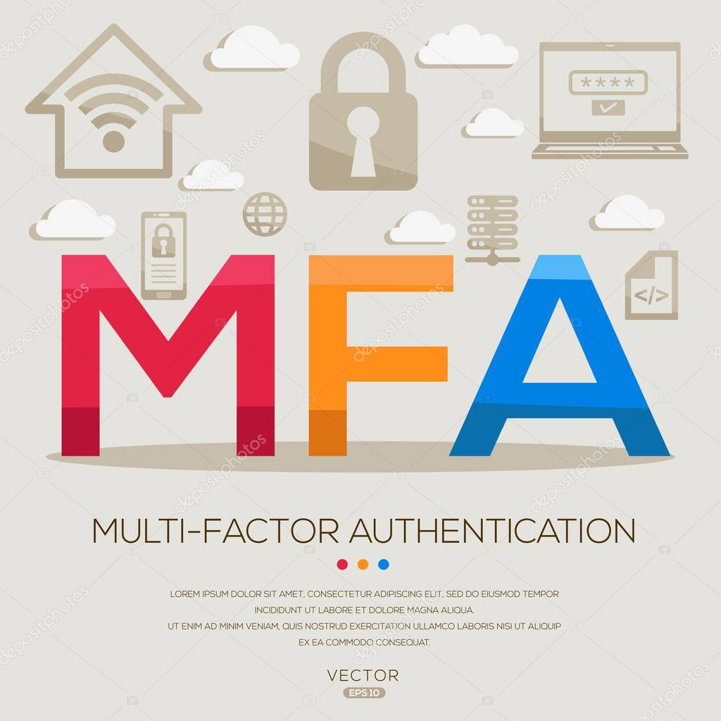 MFA _ Multi-Factor Autenticación, letras e iconos, e ilustración ...