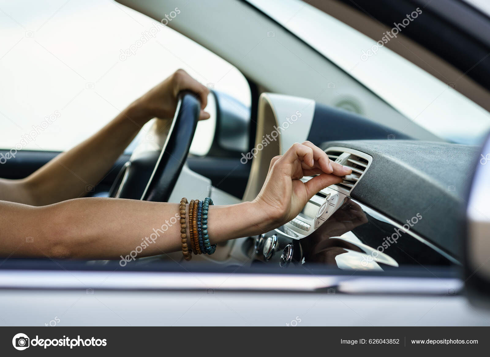 Driver Goes Road Trip Sitting Steering Wheel Driving Rural Area Stock ...