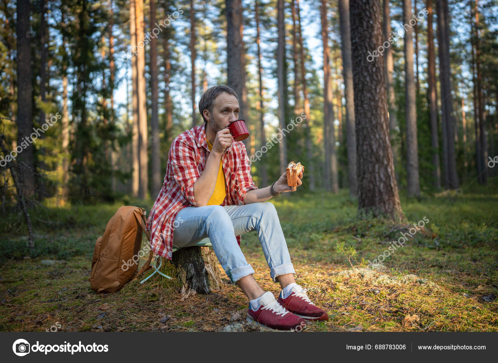 Camper Man Eating Sandwich Drinking Tea Halt Forest Enjoying Nature ...