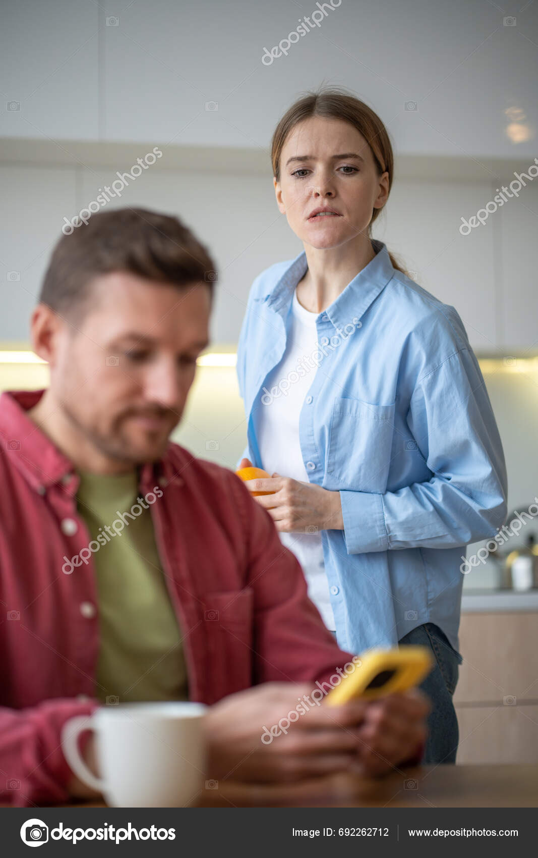 Jealous Controlling Wife Reads Husband Messages Phone Woman Peeping Man — Stock Photo ...