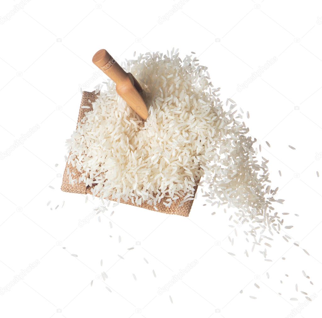 Japanese Rice in sack bag flying explosion, white grain rices fall ...