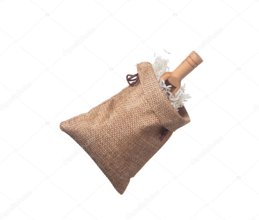 Japanese Rice in sack bag flying explosion, white grain rices fall ...