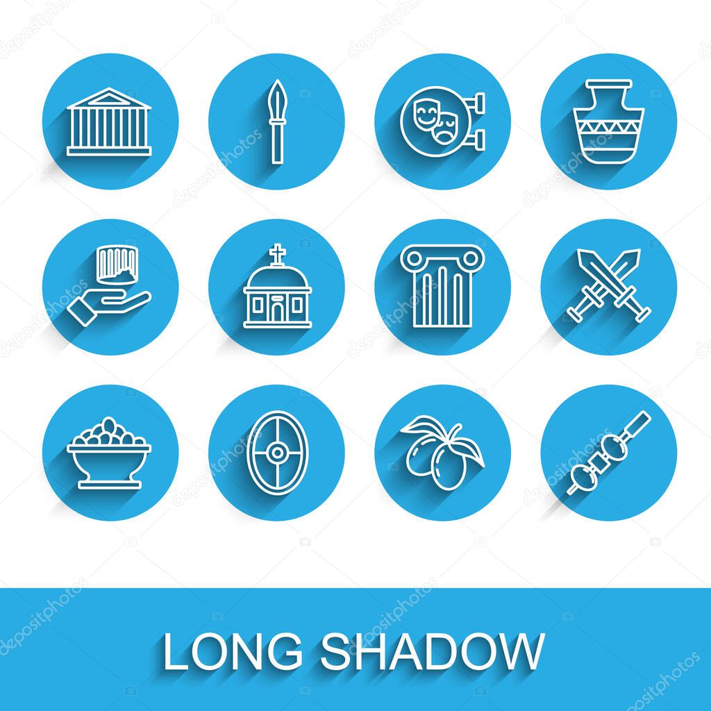 Establecer línea Aceitunas en cuenco, escudo griego, Partenón, rama, y ...