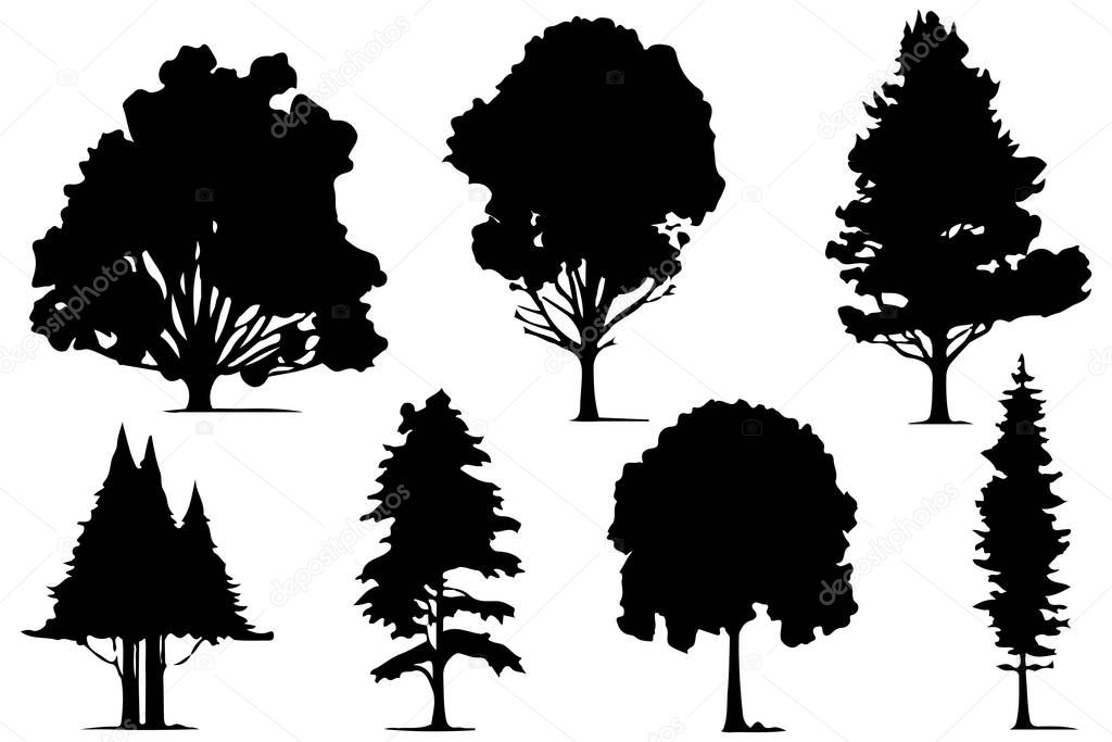 árboles y siluetas forestales conjunto ilustración vectorial aislado 2023