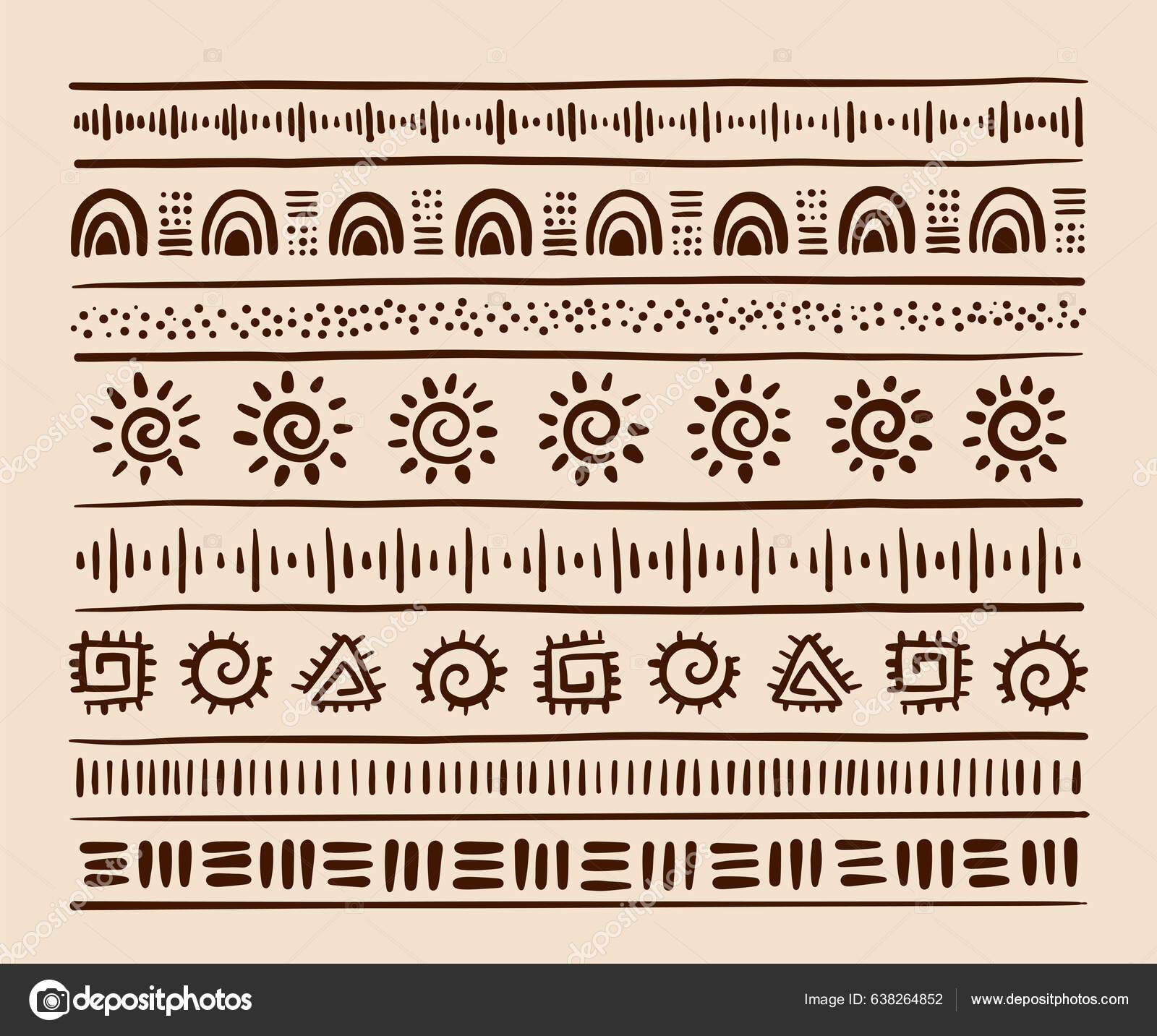 Stylized African Pattern Ethnic Tribal Motifs Hand Drawn Horizontal ...