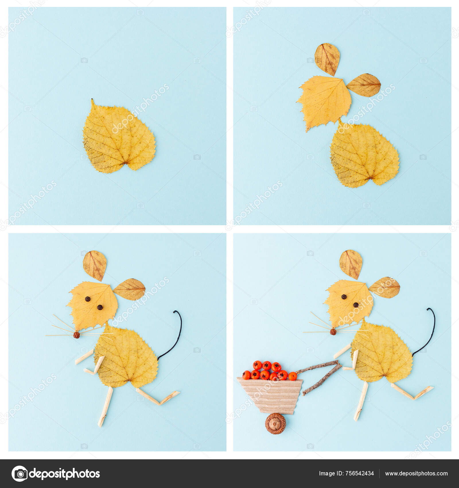 Instrucciones Paso Paso Diy Ratón Hecho Hojas Amarillas Otoño Empujando ...