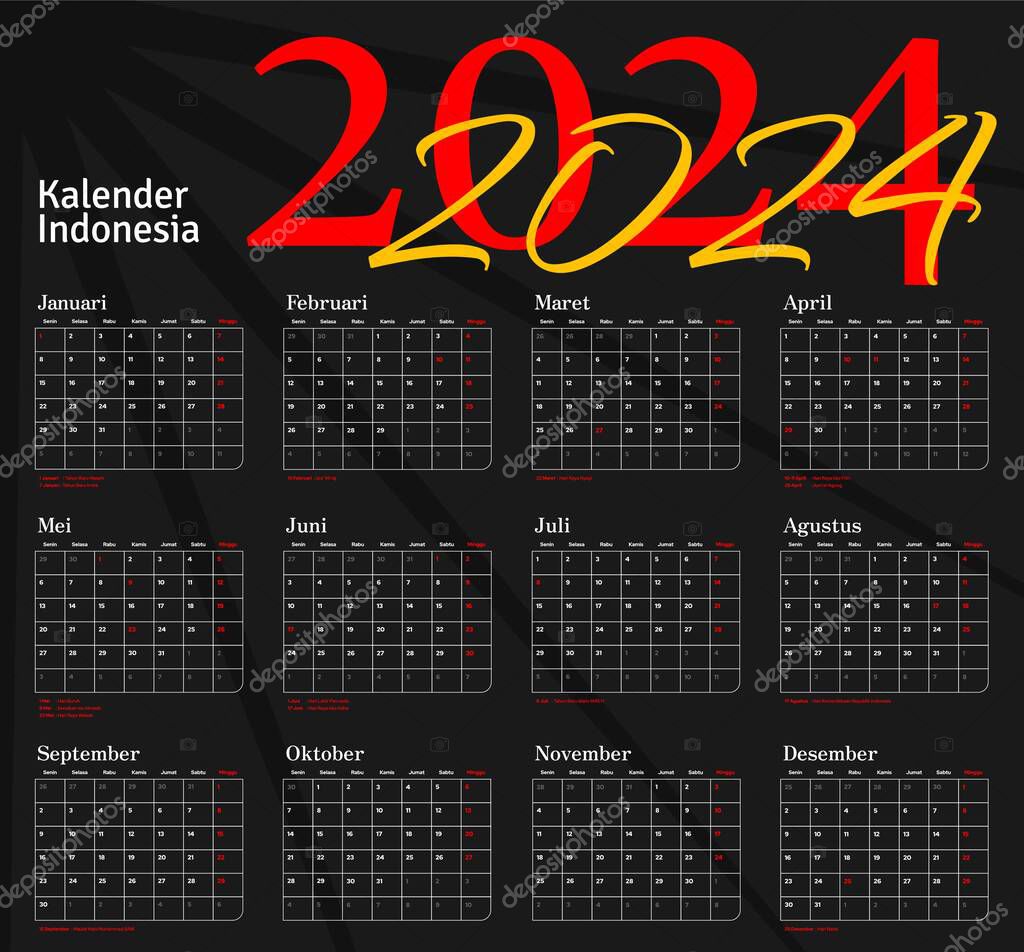 Calendario indonesio 2024 semana de inicio en plantilla planificador de diseño corporativo ...