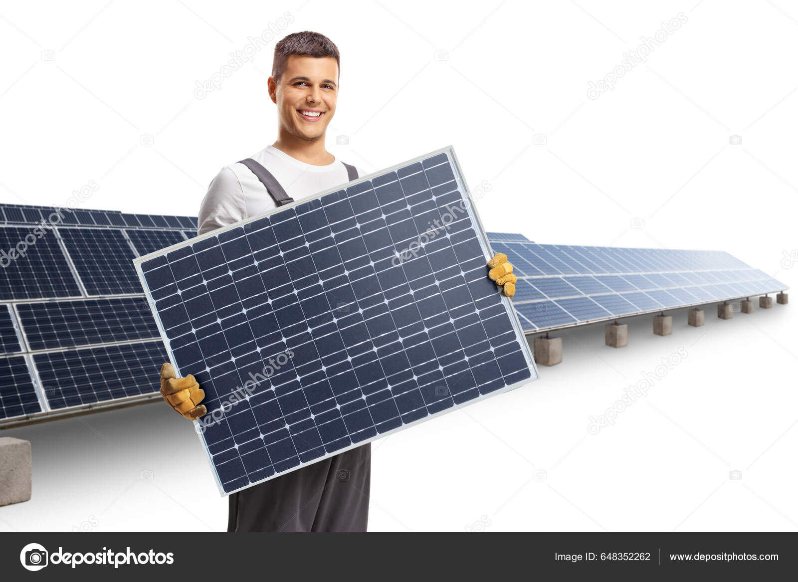 Technician Holding Solar Panel Solar Field Isolated White Background ...