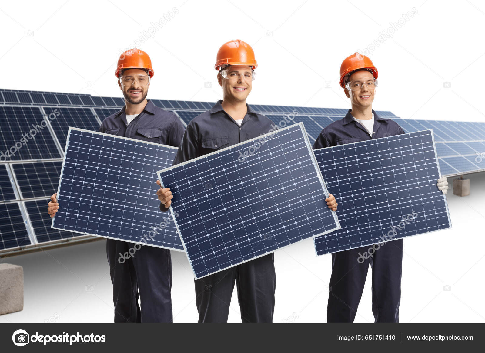 Solar Farm Workers Posing Panels Isolated White Background — Stock ...