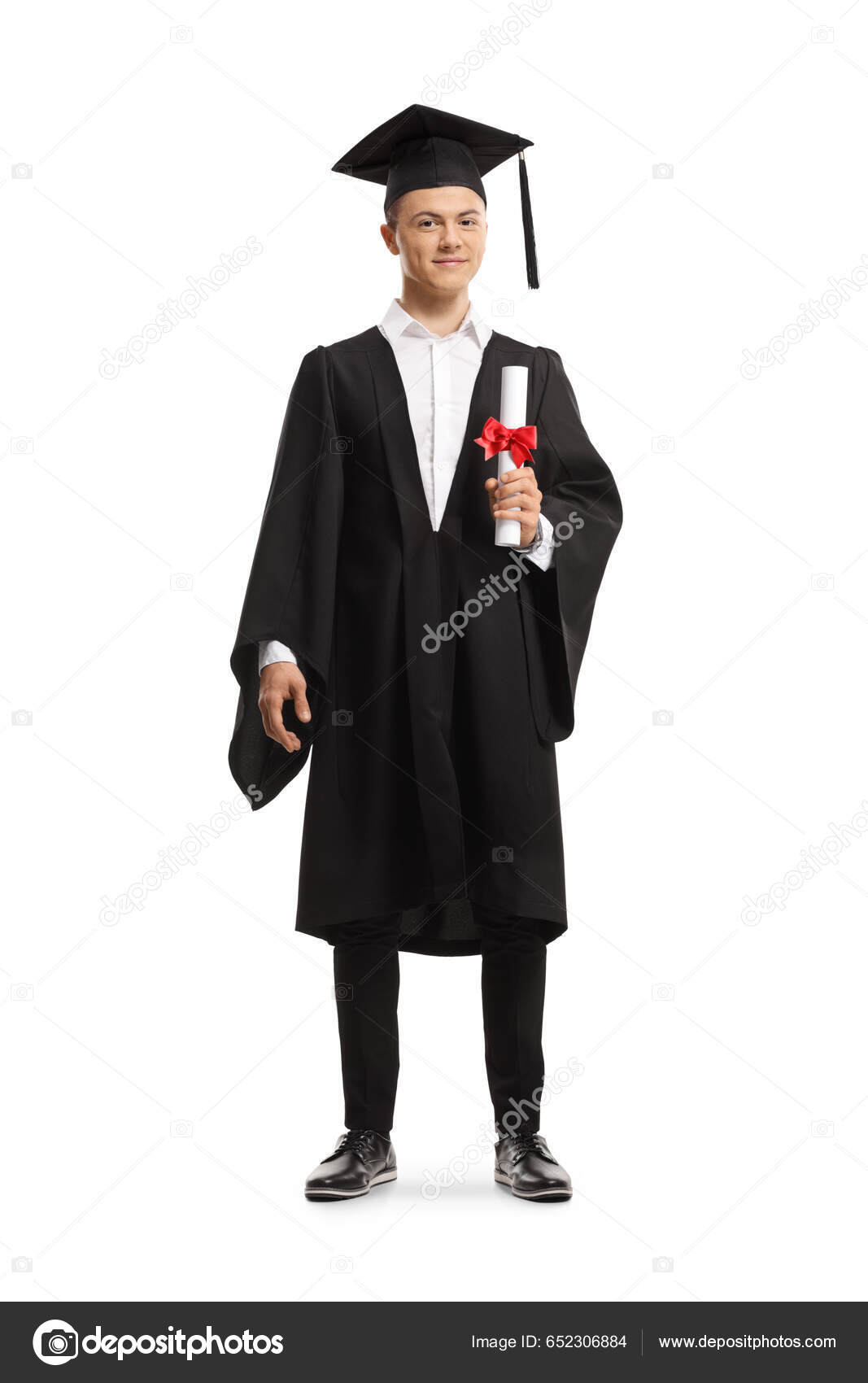 Full Length Portrait Smiling Male Student Wearing Graduation Gown ...