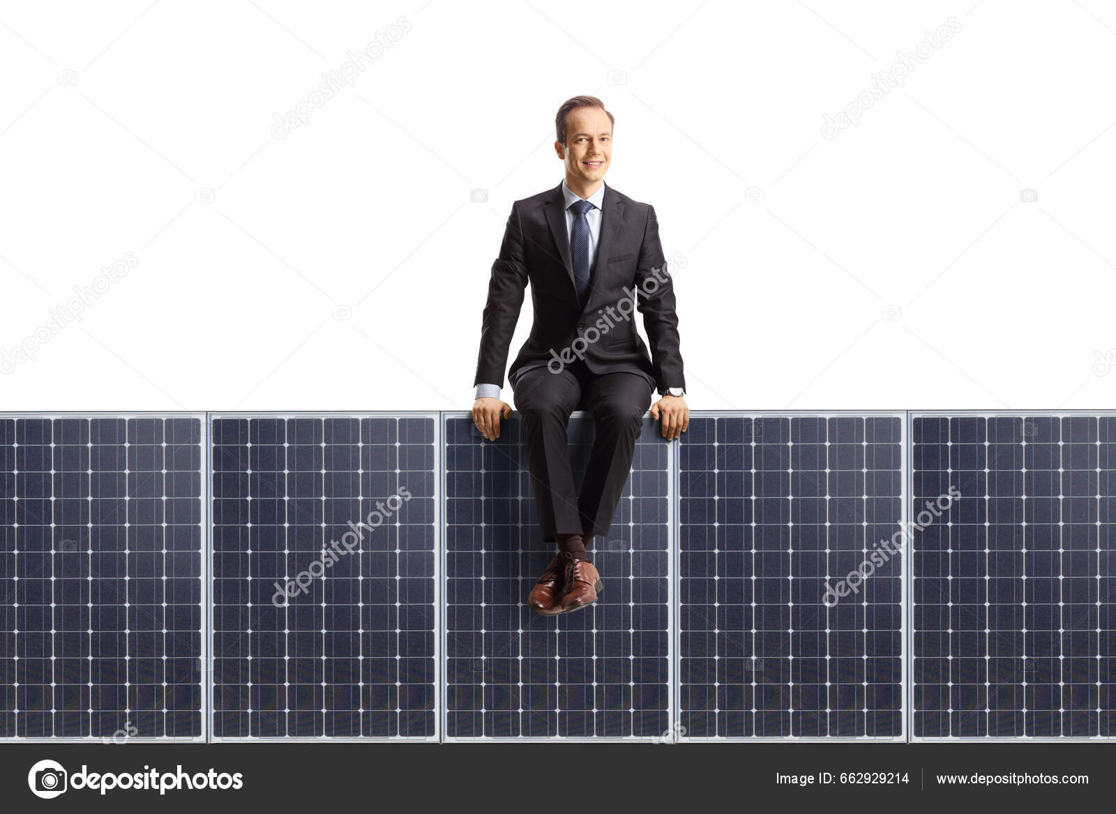 Hombre Profesional Traje Corbata Sentado Panel Fotovoltaico Aislado ...