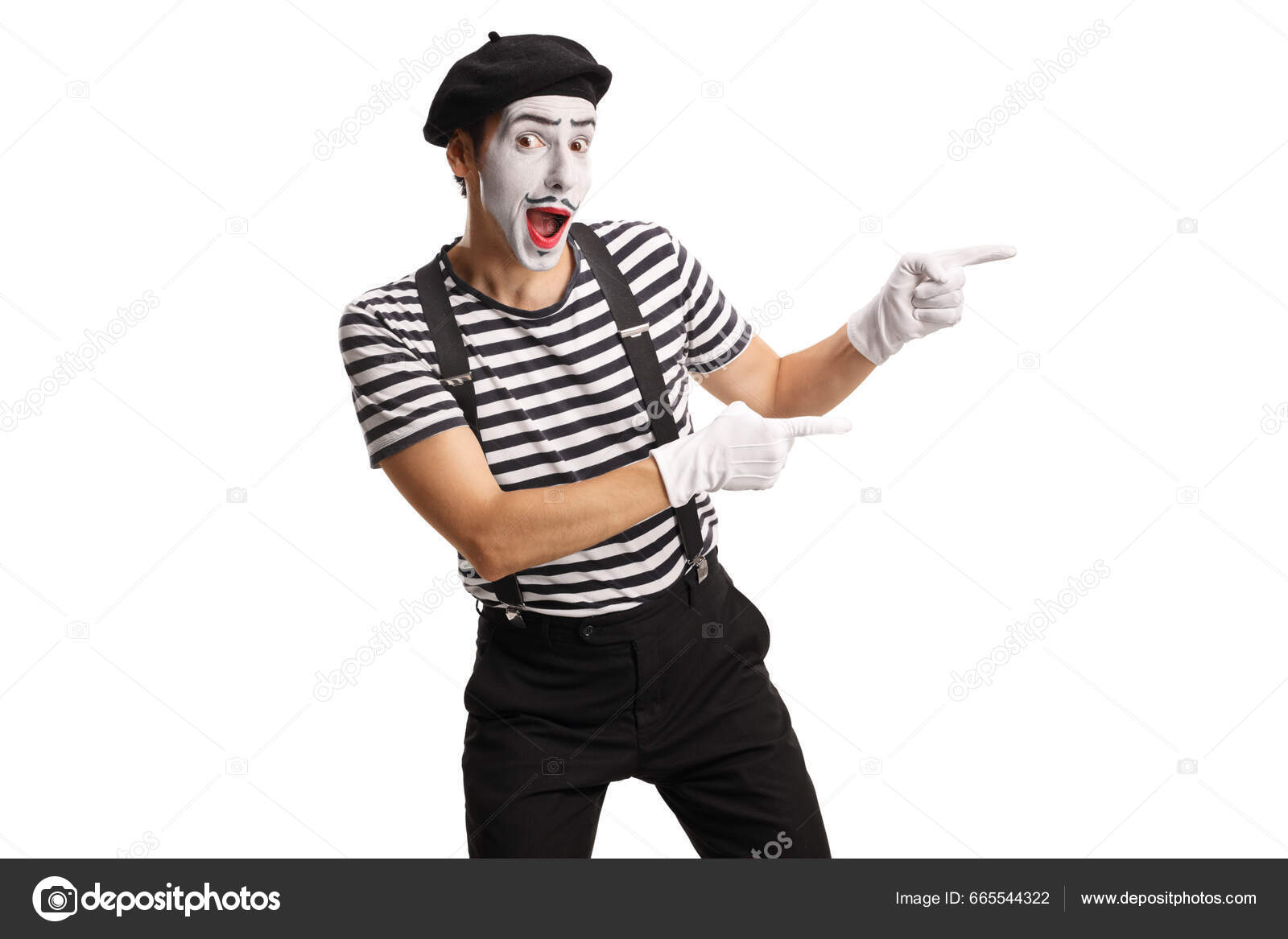 Mímica Apuntando Algo Aislado Sobre Fondo Blanco: fotografía de stock ...