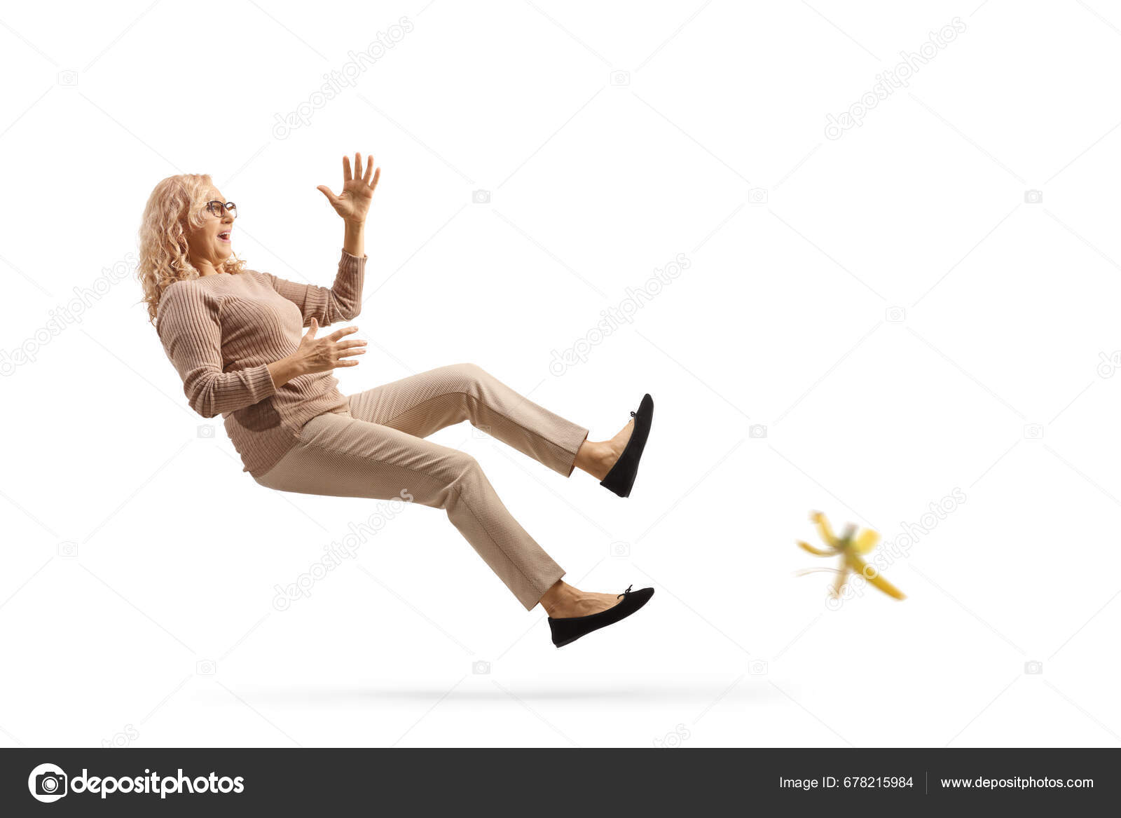 Full Length Profile Shot Woman Falling Banana Skin Isolated White ...