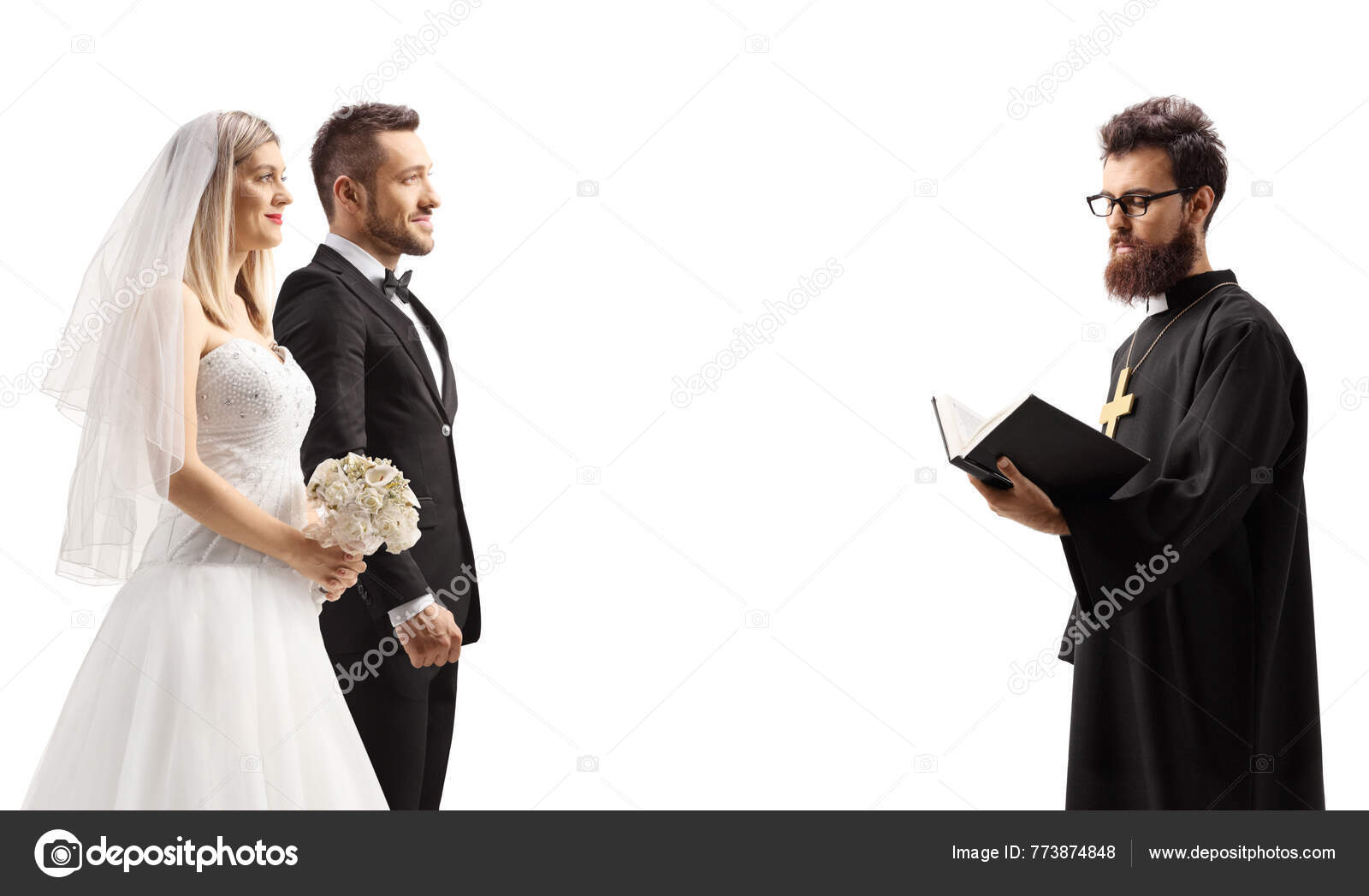 Wedding Ceremony Priest Marrying Bride Groom Isolated White Background ...