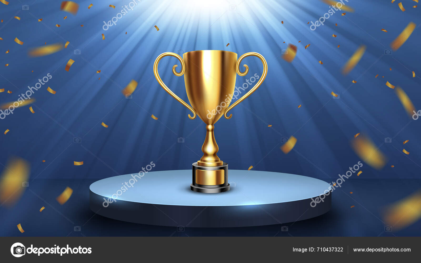 Shiny Golden Trophy Blue Podium Illuminated Spotlights Golden Confetti ...