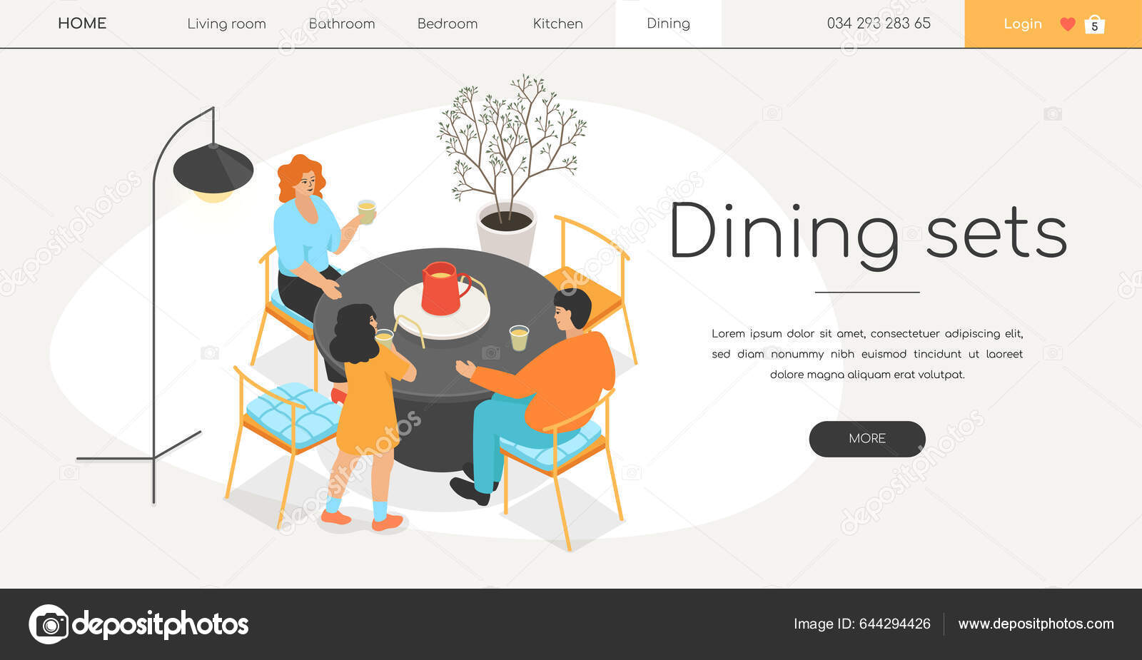 Dining Sets Lunch Time Modern Isometric Web Banner White Background ...