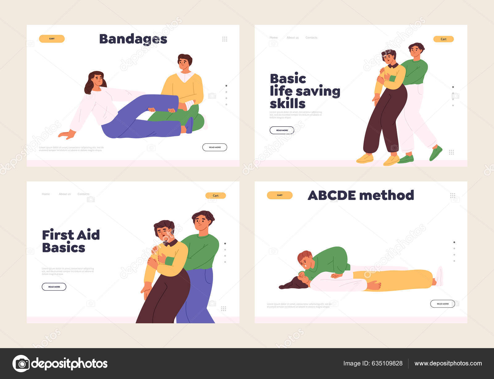 First Aid Basic Skills Saving Life Concept Landing Pages Set Vector de ...