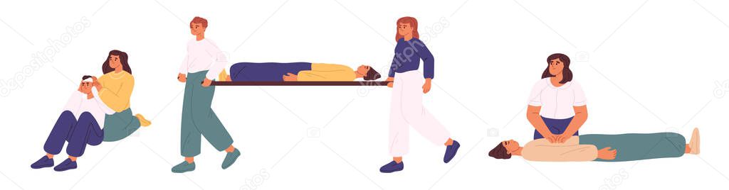 First aid procedures for putting bandage on injured head, transporting ...