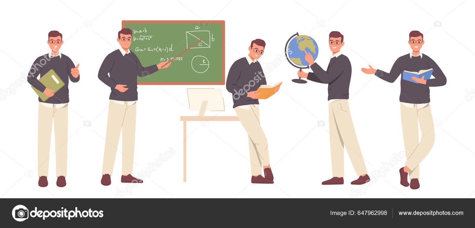 Teacher Set Cartoon Friendly Smiling Educator Male Character Teaching ...