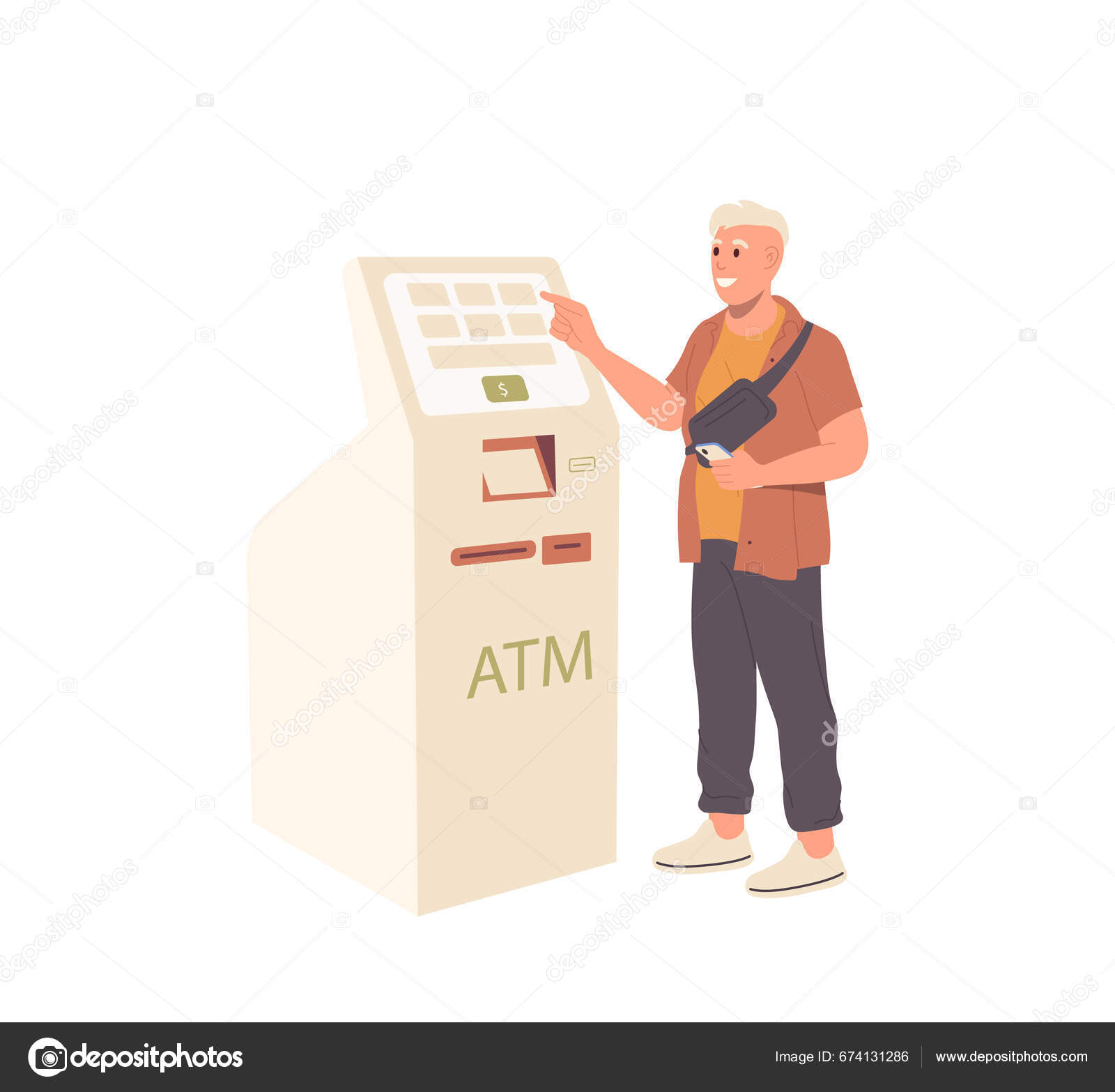 Man Cartoon Character Withdrawing Money Cash Doing Electronic ...