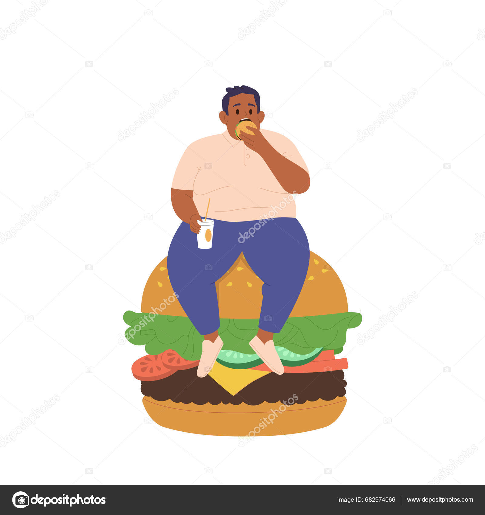 Tlustý Muž Kreslený Postava Sedí Obrovské Burger Jíst Nezdravé Fast ...