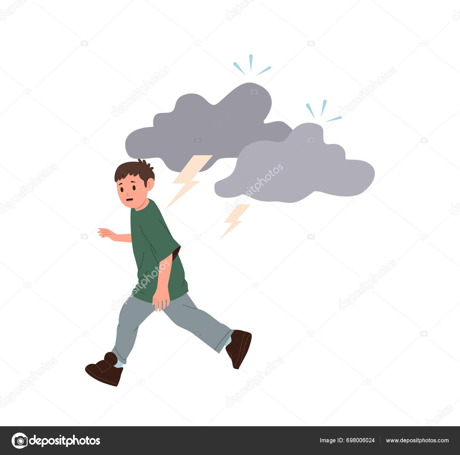 Stressed Boy Child Cartoon Character Afraid Thunderstorm Running Away ...