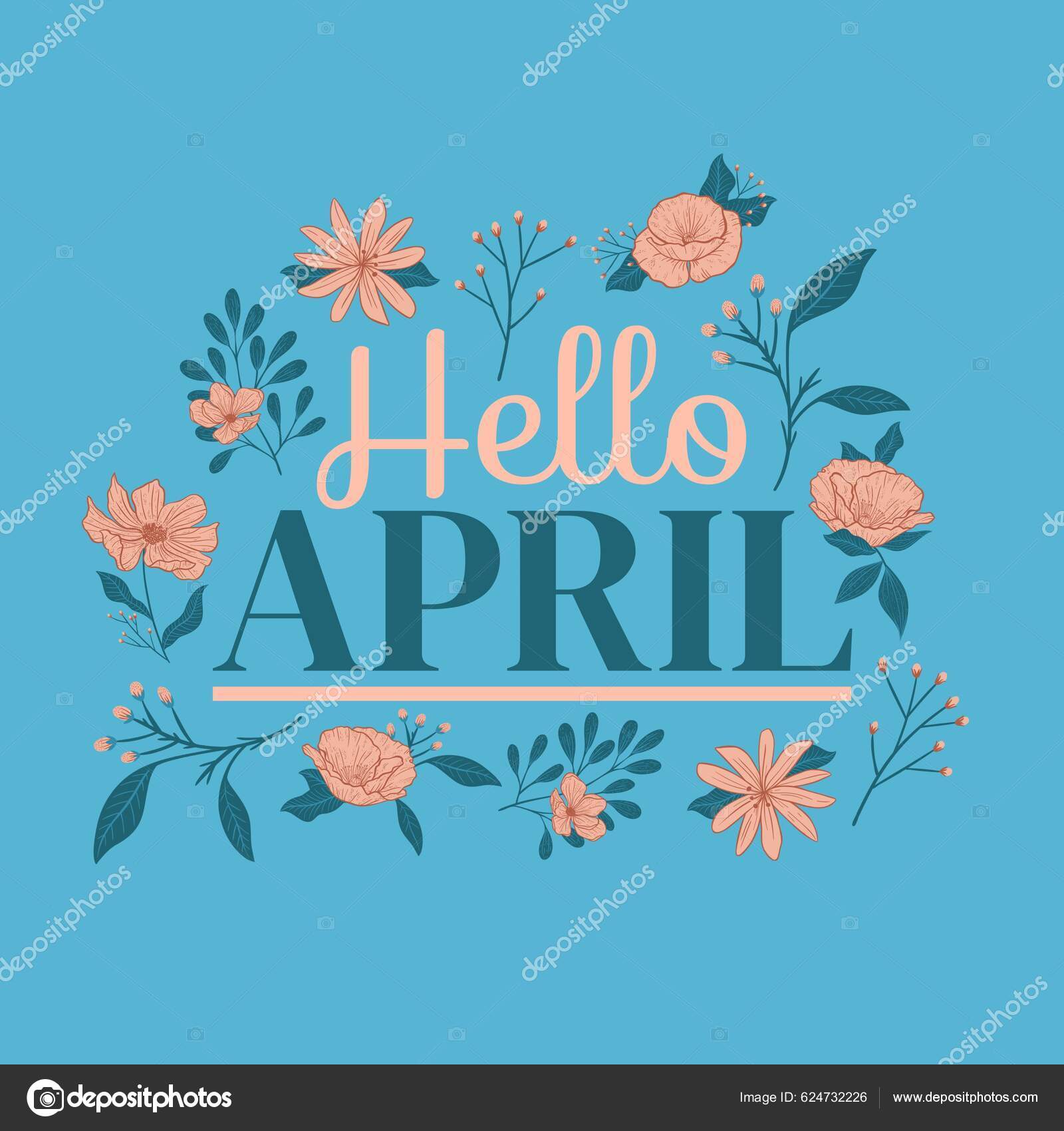 Composition Hello April Text Flowers Blue Background Hello April Spring ...