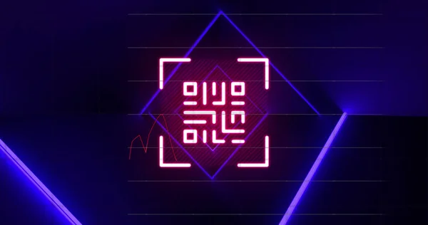 Image of red neon qr code, blue lights and data processing on black ...