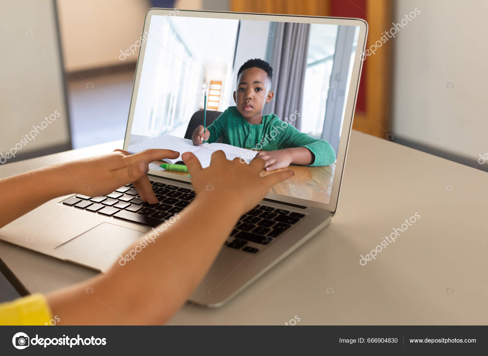 Cropped Hands Caucasian Boy Typing Laptop Keyboard Schoolboy Screen ...