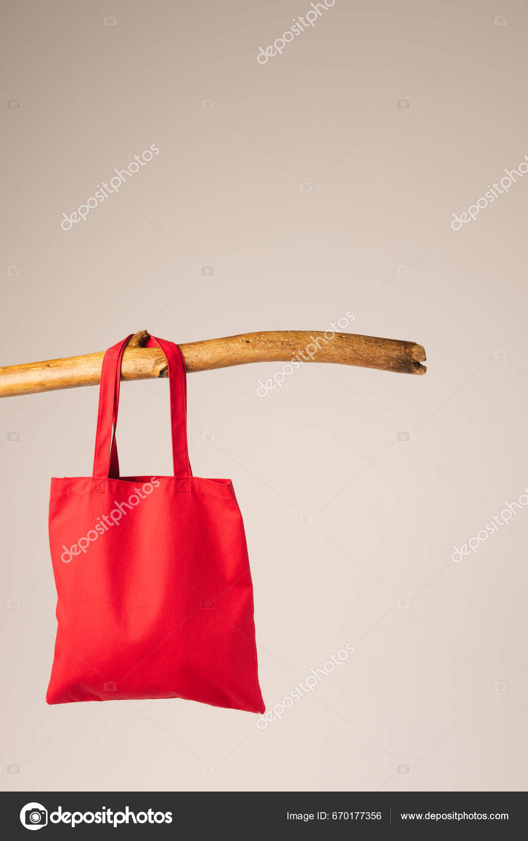 Red Canvas Bag Hanging Wooden Branch Copy Space White Background ...