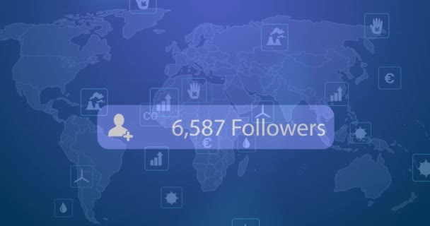 Animation Profile Icon Increasing Followers Multiple Digital Icons World Map — Stock Video ...