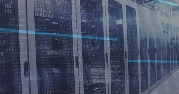 Image of data processing on screens over tech room with computer ...