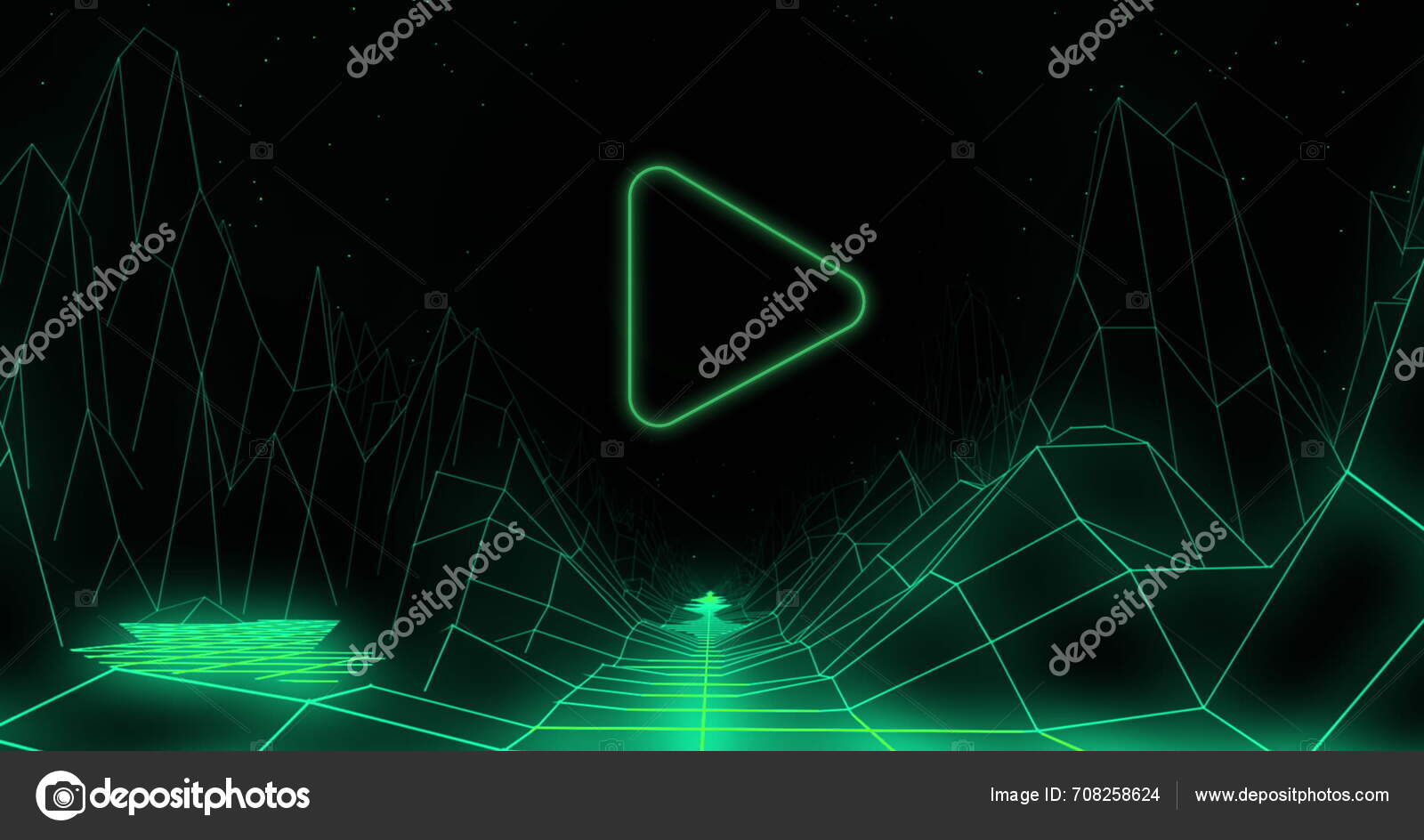 Green Triangle Outline Play Button Black Background Green Grid Moving ...