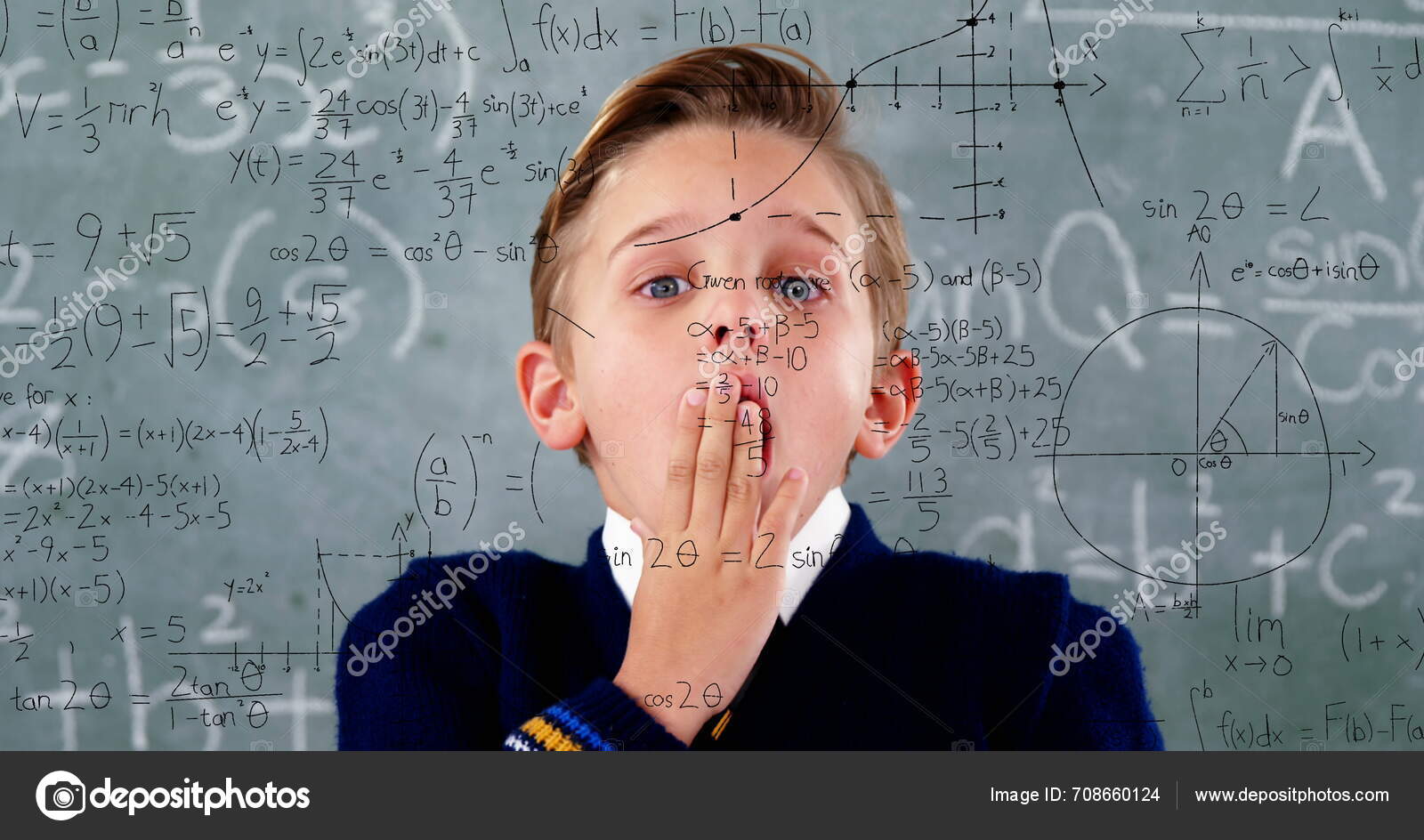 Image Math Formulas Scared Caucasian Boy Blackboard Learning Education ...