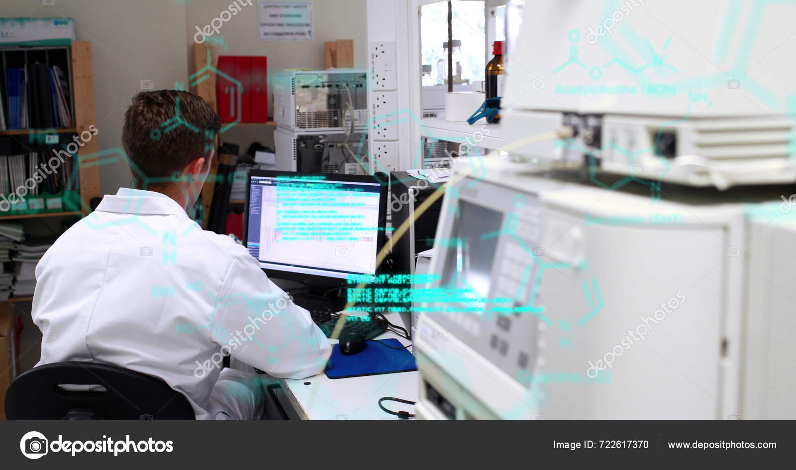 Caucasian Male White Lab Coat Typing Computer Lab Wearing Glasses ...