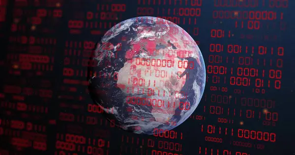Image of globe with binary coding and data processing over dark background. Global artificial ...