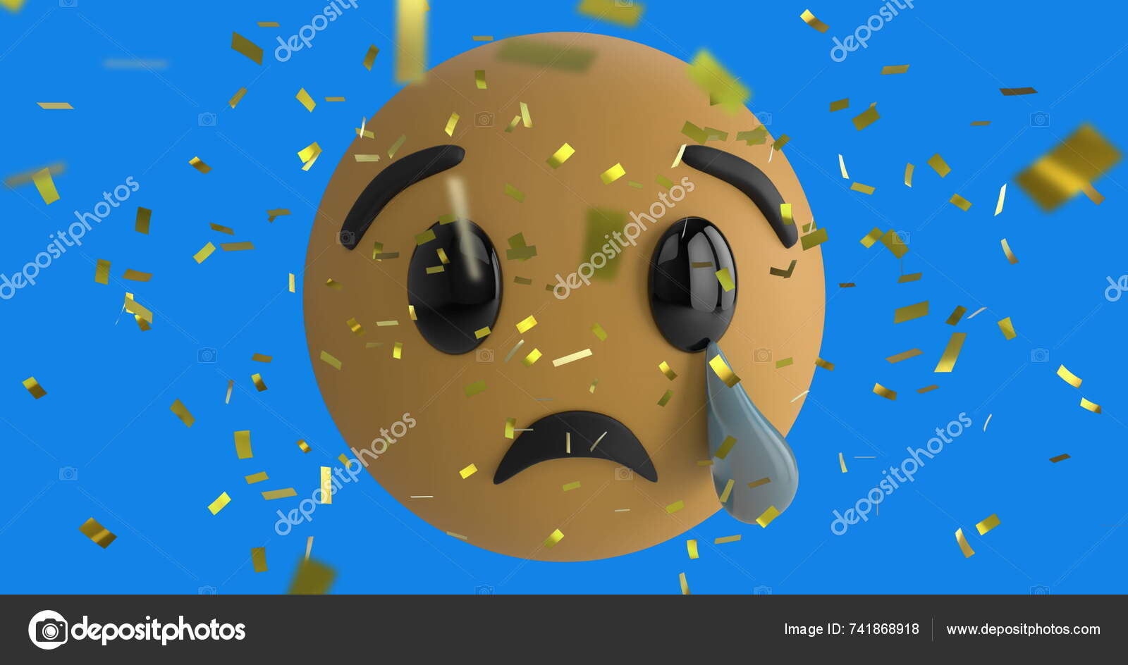 Digital Image Golden Confetti Falling Crying Face Emoji Blue Background ...