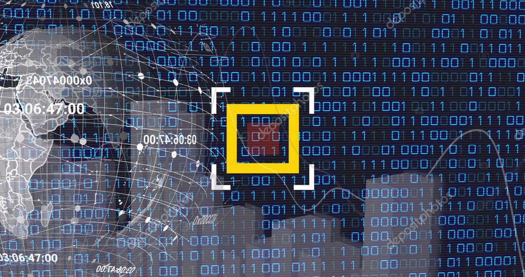 Imagen de globo y escáner sobre procesamiento de datos y codificación ...
