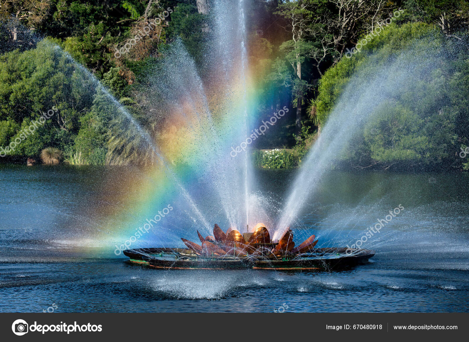 Rainbow Caught Mist Spray Modern Art Fountain Central City Lake Stock ...