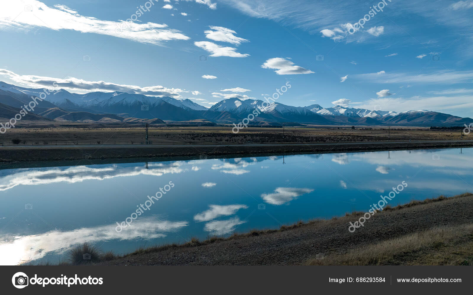 Aerial View Pukaki Hydro Power Scheme Canal Rural Twizel Running ...