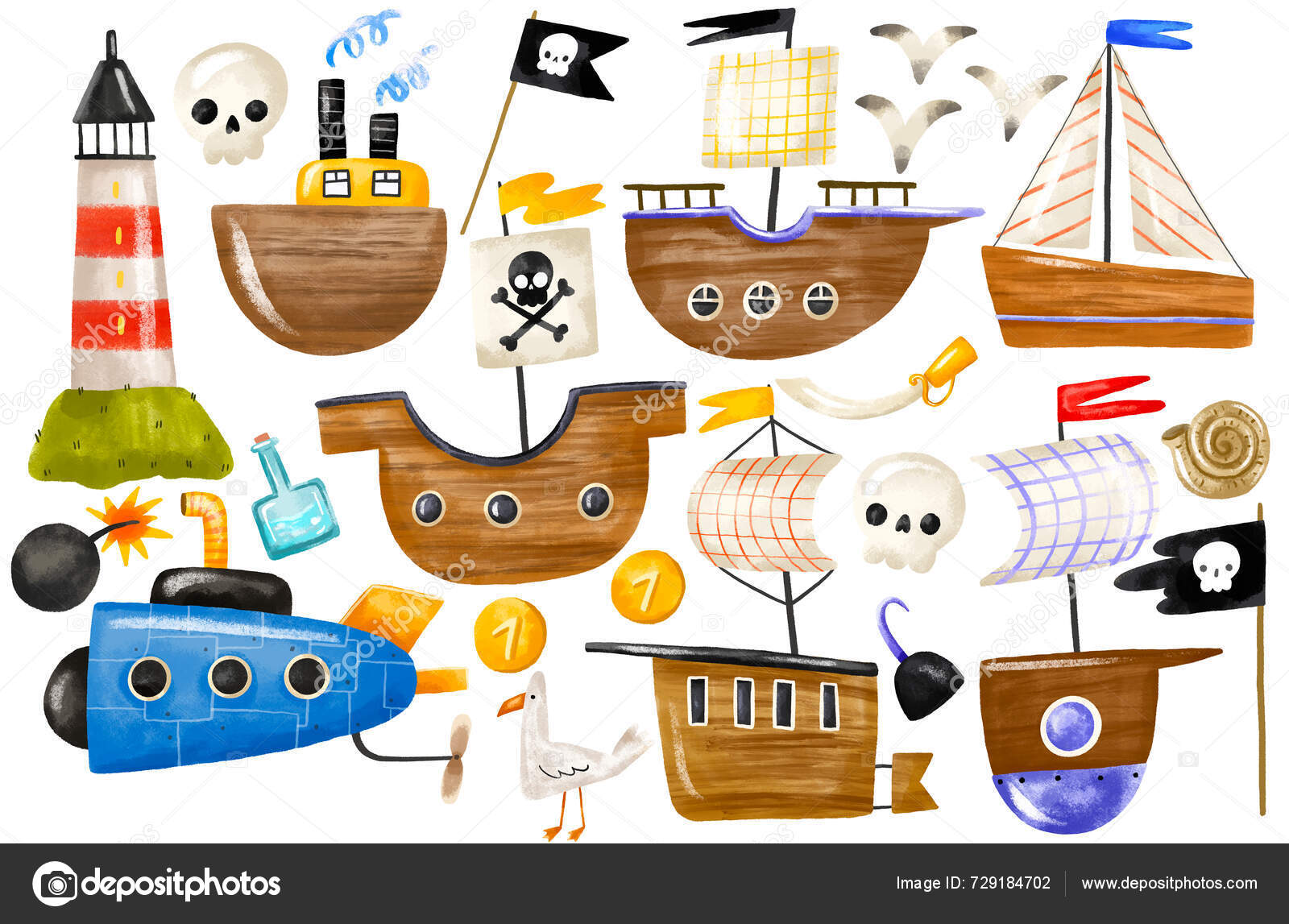 Set Cartoon Pirate Ships Nautical Transport Ocean Travelling Kids ...