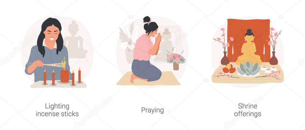 Rituales budistas aislados ilustración vectorial de dibujos animados ...