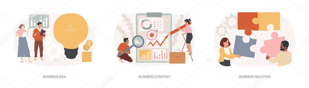 Plan de negocio aislado concepto vector ilustraci n conjunto. Idea de negocio, estrategia y ...