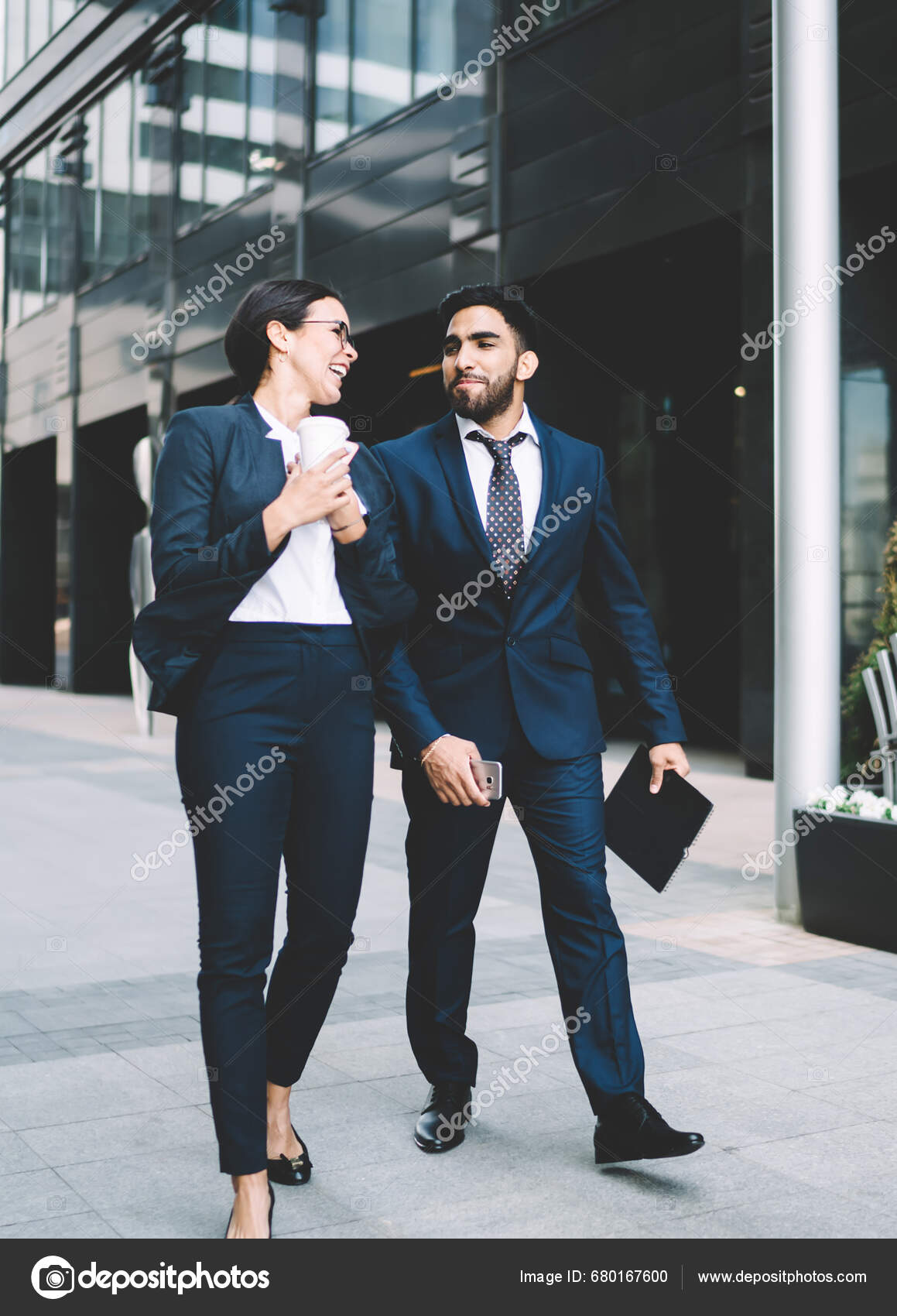 Delighted Multiracial Coworkers Strict Formal Black Suits Talking Each ...