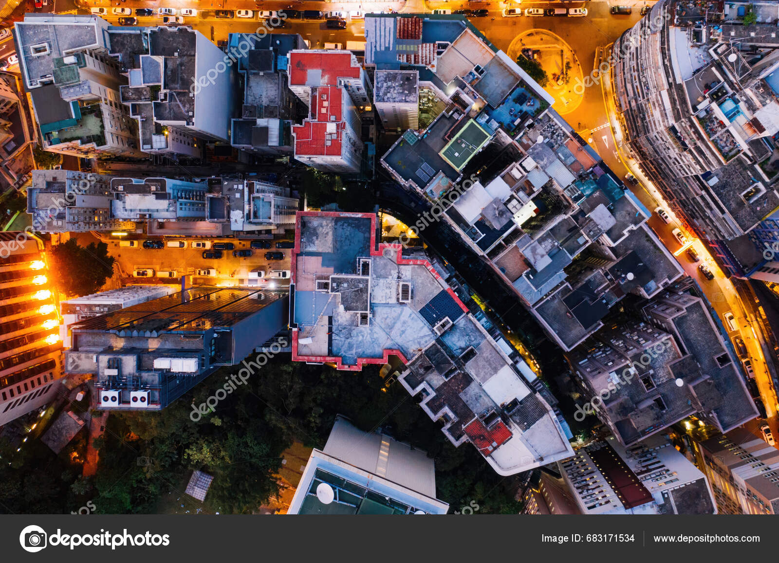 Aerial Top View Downtown District Buildings Night City Light Birds ...